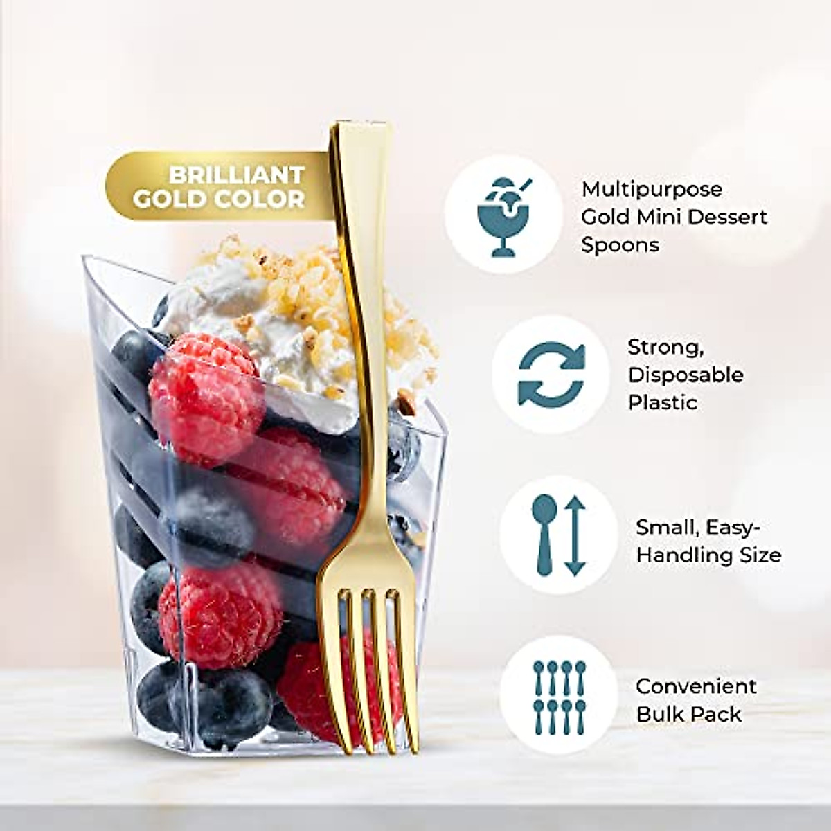 Mini Gold Fork, Gold Plastic Tasting Fork, (4 inch 36 Count) Gold Mini Plastic Forks for Ice Cream Sampling, Appetizers Tasting, Puddings, Gelato, Cockatils - Posh Setting