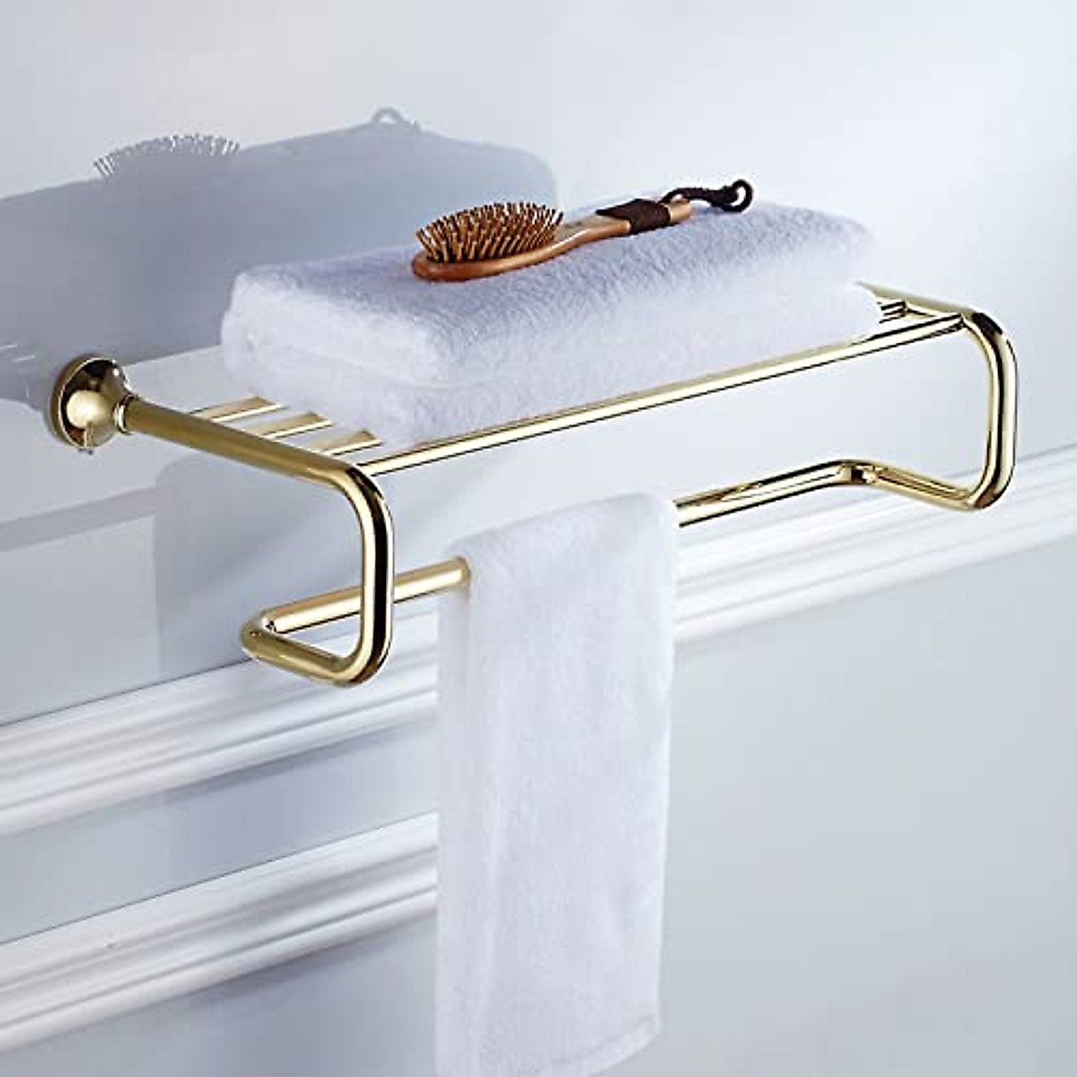 Golden Wall Mounted Bath Towel Rack 2 Layer, Durable Brass Towel Bar Length 60cm Modern Simple Towel Holder for Bathroom Kitchen Home Décor-60x26.5cm