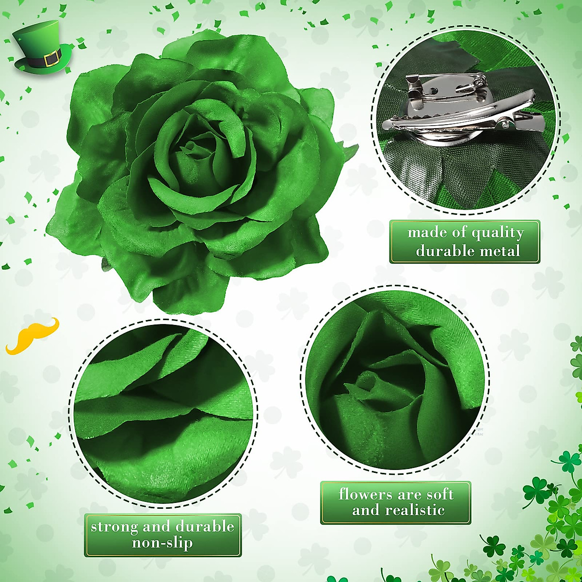 8 Pieces St. Patrick's Day Hair Decoration Flower Hair Clip Irish Green Rose Hairpin St. Patrick's Brooch Floral Clips St. Patrick's Party Supplies for Woman Girl Girlfriends Wife Accessories
