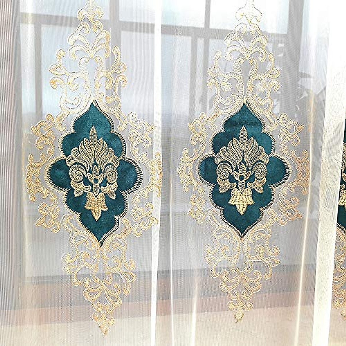 SLOW SOUL 2 Panels European Luxury Curtains Velvet Embroidered Tulle for Living Room Kitchen Bedroom Sheer Curtain with Rod Pocket Teal Green 50W X 84L inch