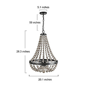 LALUZ Farmhouse Chandelier, Boho Light Fixture for Dining Room, Bedroom, Handmade Wood Beads, 6-Light, 28.3" H x 20.1" W