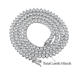 Tennis Necklace for Women and Men 18K Gold Plated Cubic Zirconia Chain, 4mm Round cut CZ Chain (3prong 16inch white gold plated)