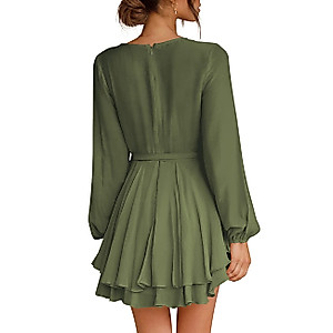 Cosonsen Womens Short Dresses Deep V-Neck Long Sleeve Flare Hem Mini Dress Green XL