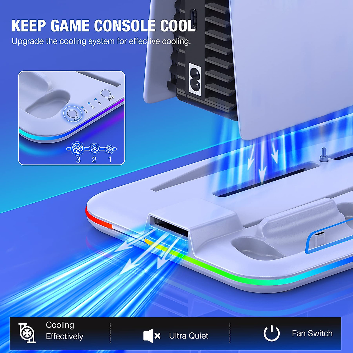 Kawaye PS5 Stand Cooling Fan for Playstation 5, PS5 Vertical Stand Cooler with RGB Light & Dual Controller Charge Station, PS5 Accessories Organizer Stand with 6 Game Slots, Headset Holder