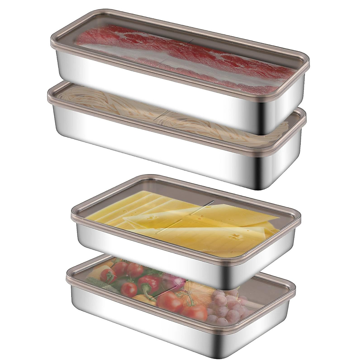 BigKing 2 Pack Bacon Keeper Container, Cheese Container for Fridge,Lunch Meat Container for Refrigerator, Stainless Steel Deli Containers,Fridge Organizers and Storage with Lids Stackable (4 Pack)