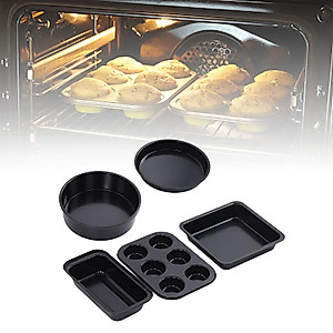 5Pcs Nonstick Bakeware Set Carbon Steel Baking Pans Kit High Temperature Resistance with Cake Mold,Baking Sheet,Pizza Tray,Quadrate & Rectangular Baking Pan for Household Bakery(Black)
