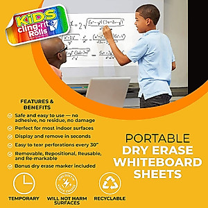 Clingers Dry Erase Kids Cling-rite Rolls, Portable Whiteboard, 50' ft roll, Sheet Size 20x30 for Kids Drawing and Planning, School, Arts and Crafts with 20 White Sheets and Bonus Dry Erase Marker
