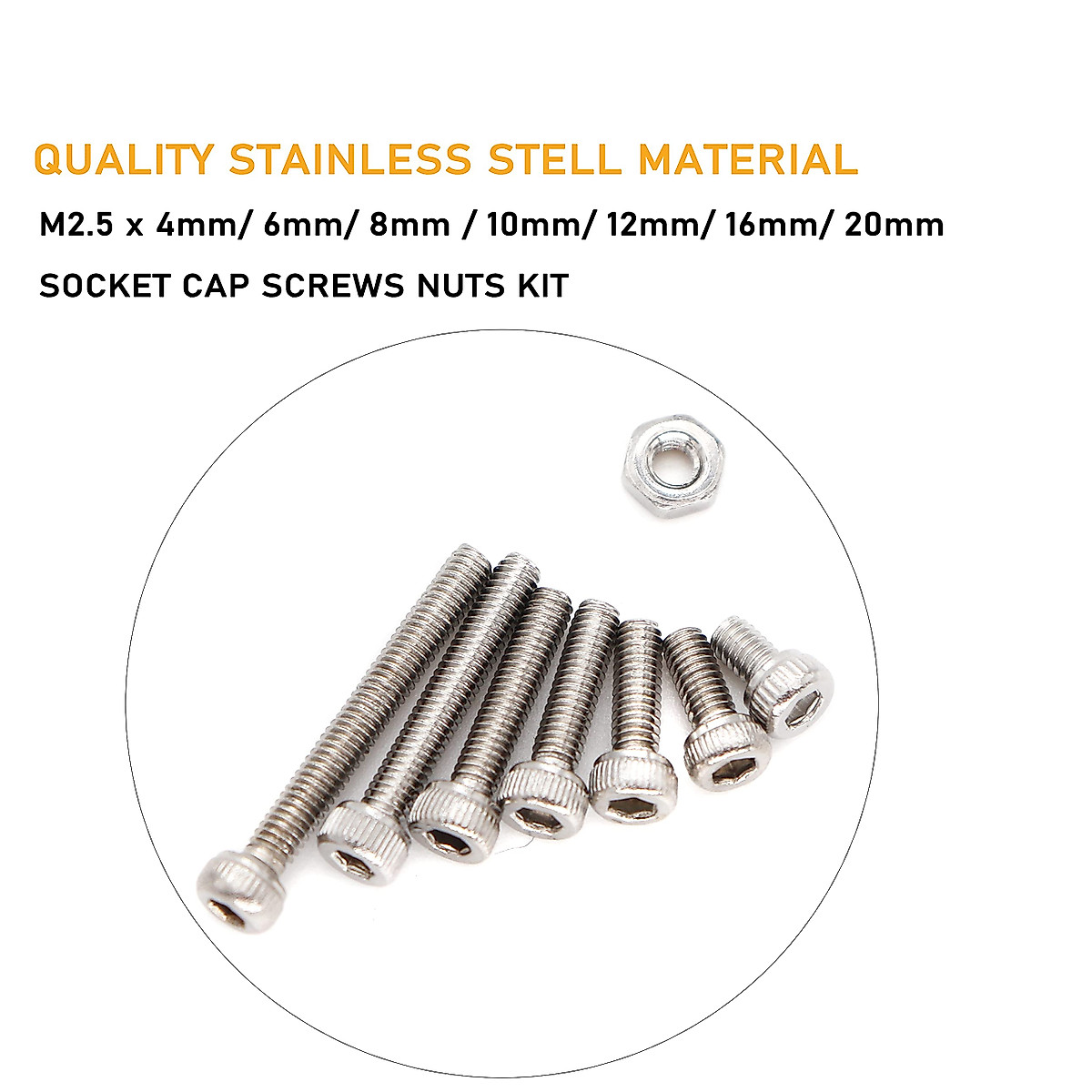 binifiMux 190pcs M2.5 Hex Socket Cap Screws and M2.5 Hex Nuts Assortment Kit with Wrench, 304 Stainless Steel Silver Tone