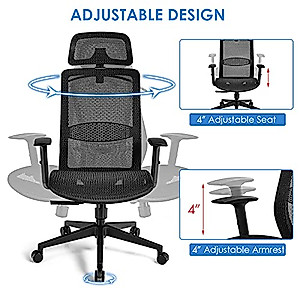 POWERSTONE Ergonomic Mesh Office Chair - High-Back Chair with Clothing Hanger - Computer Desk Chair with Mesh Seat Cushion - Executive Swivel Task Chair with Adjustable Arms and Head Rest - Black