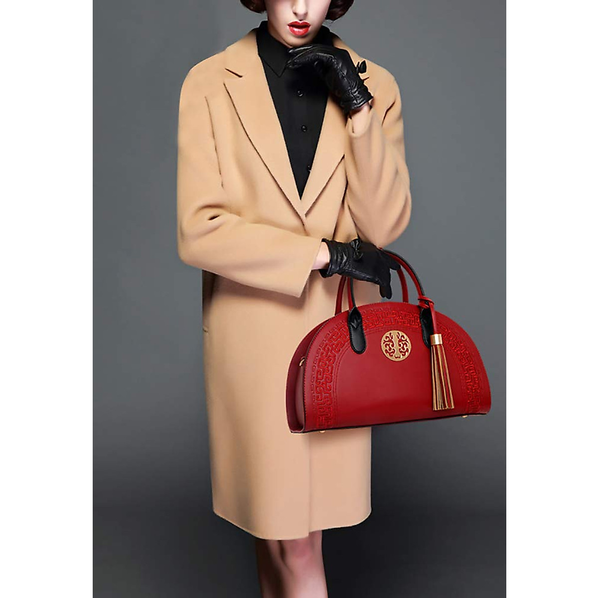 QZUnique Women's PU Embroidery Tassels Ethnic Style Handbag Bride Bag Crossbody Shoulder Bag Red