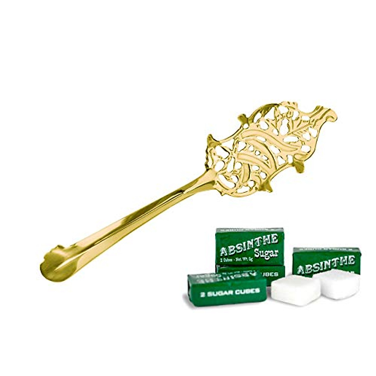 Wormwood Leaf Absinthe Spoon, Gold-Plated and 10 Sugar Cubes (5 packets) by Bonnecaze