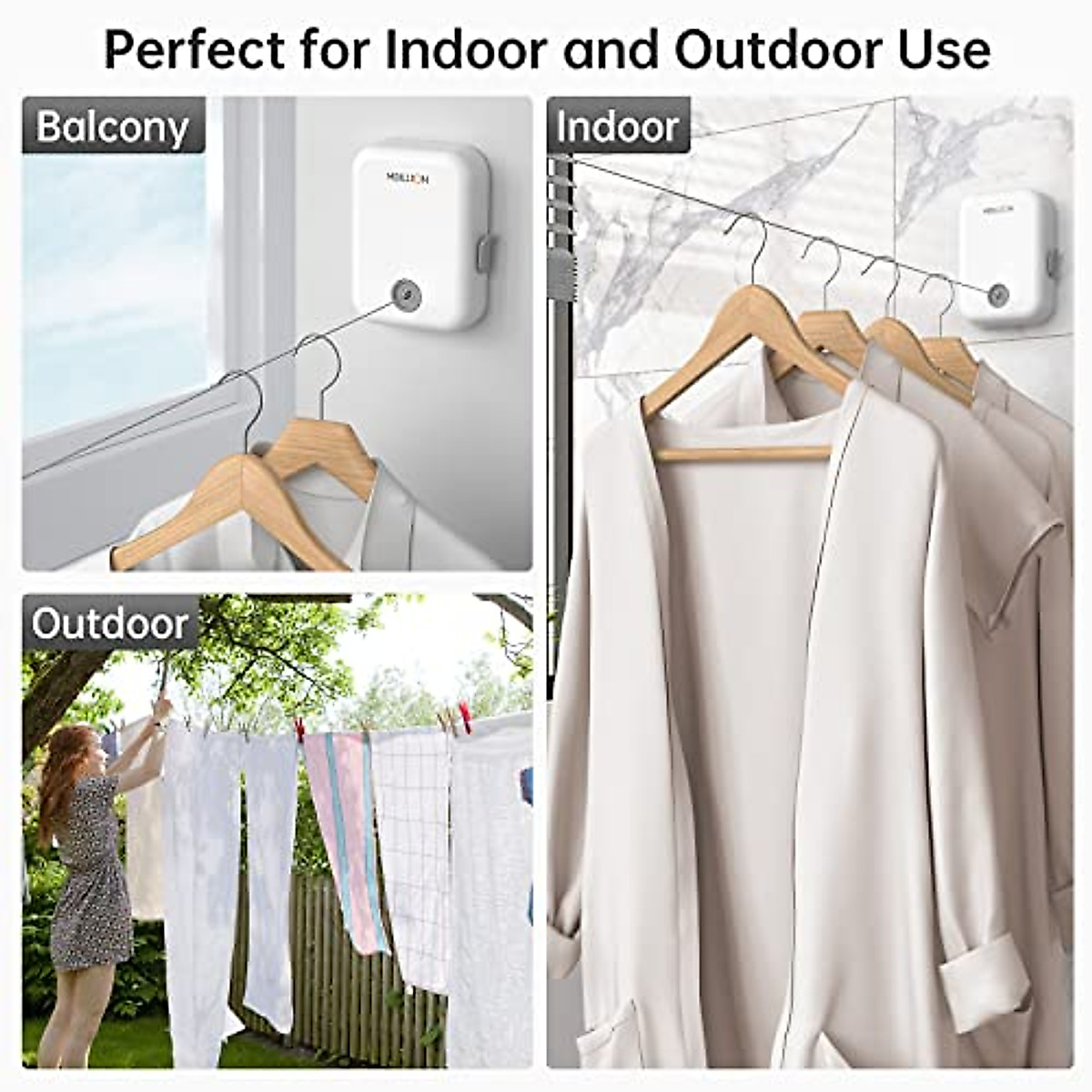 Mbillion Retractable Clothesline Indoor Outdoor,Heavy Duty Clothes Drying Laundry Line Retracting Hanging Clothes Line with Lock to Prevent Sagging White
