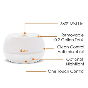 Crane Small Ultrasonic Diffuser and Air Humidifiers for Bedroom and Office, .2 Gallon Cool Mist Humidifier for Personal Use, No Humidifier Filters Needed, White