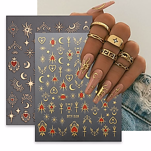 8 Sheets Gold Sun Star Nail Art Stickers Bronzing Moon Nail Decals 3D Self-Adhesive Red Heart Nail Stickers Exquisite Glitter Rose Gold Silver Star Moon Design Women Girls for DIY Nail Decorations