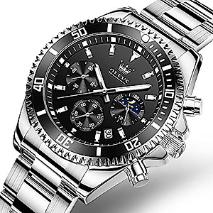OLEVS Black Silver Watches for Men Classic with Date Business Dress Chronograph Big Face Reloj para Hombre Waterproof Luminous Mens Wrist Watch Analog Party Fashion Stainless Steel Man Watch