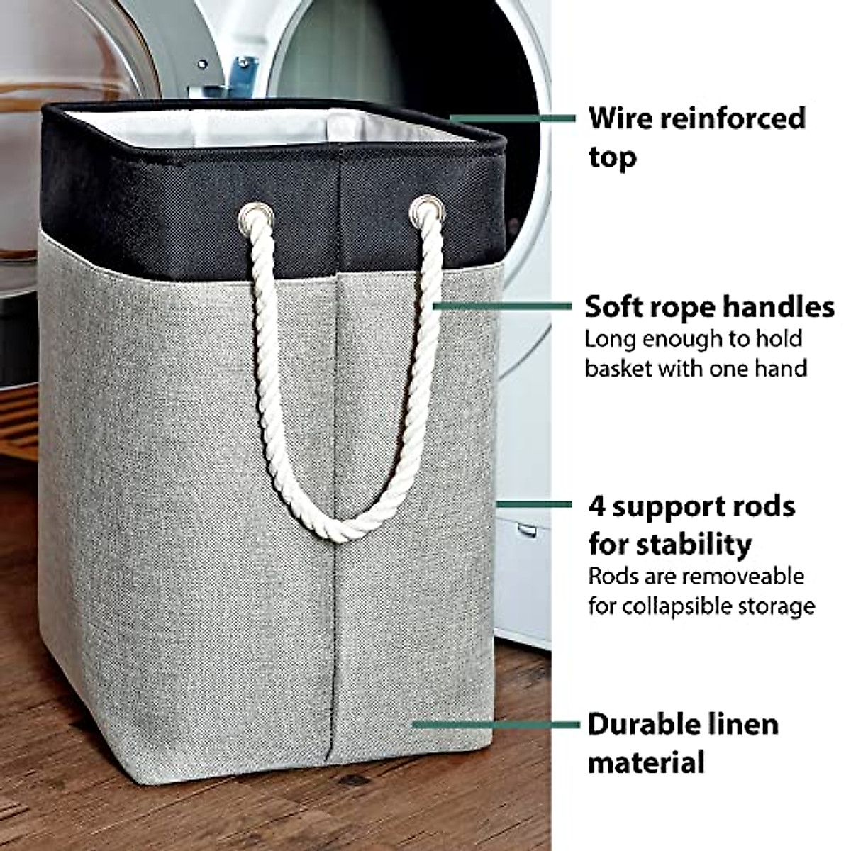 Sursay Products 2 Pack Sturdy Laundry Basket Clothes Hamper for Bathroom, Freestanding Collapsible Fabric Canvas Storage Organizer with Support Rods & Rope Handles Gray
