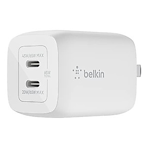 Belkin 65W Dual USB-C Wall Charger, Fast Charging Power Delivery 3.0 with GaN Technology for iPhone 14, 13, Pro, Pro Max, Mini, iPad Pro 12.9, MacBook, Galaxy S23, S23+, Ultra, Tablet, More - White