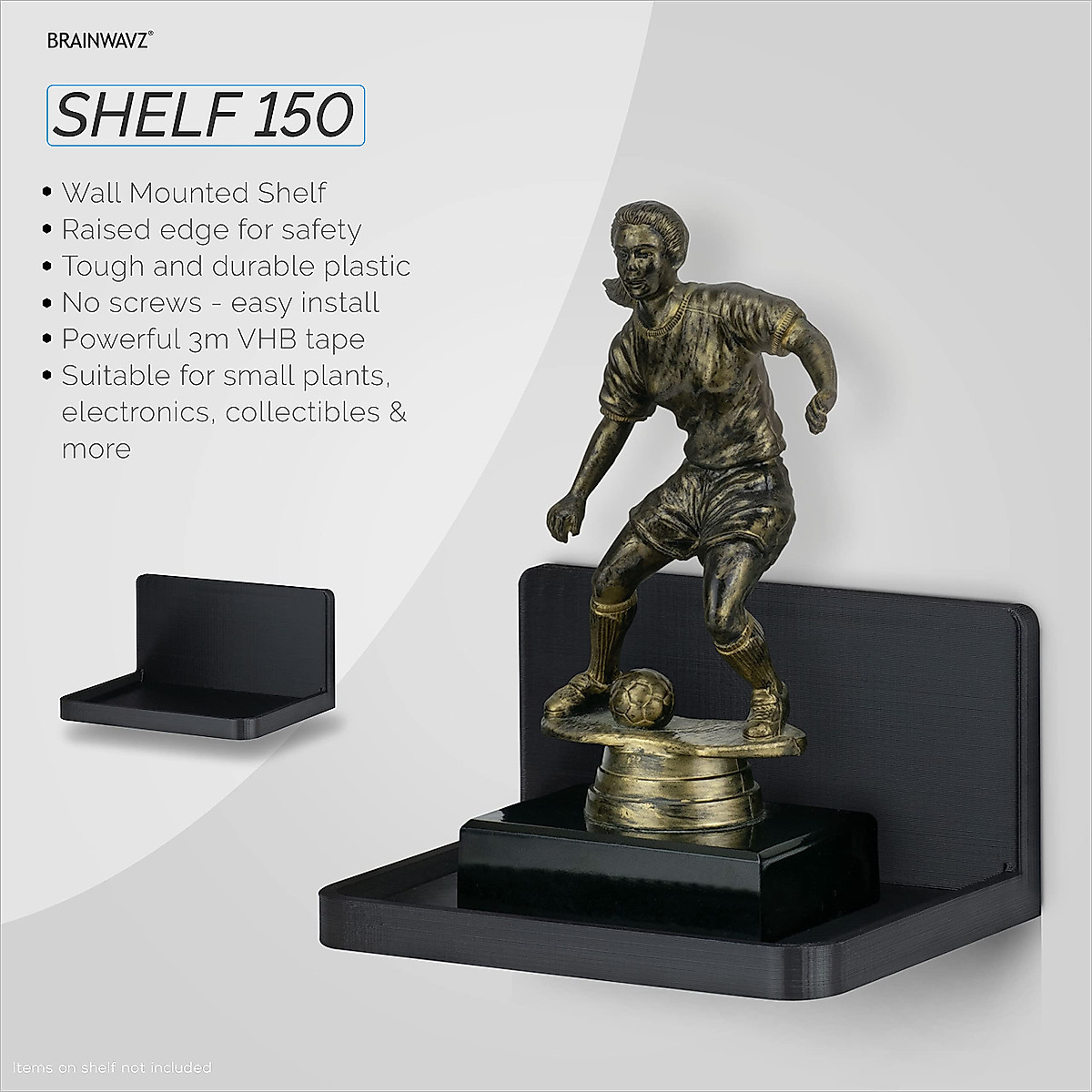 BRAINWAVZ [EOL] Universal Floating Shelf Mount for Security Cameras Baby Monitors Speakers Plants Toys & More Screwless Holder Strong Adhesive Easy to Install, 4.6” x 3.3 (SHELF150) (Black) [EOL]