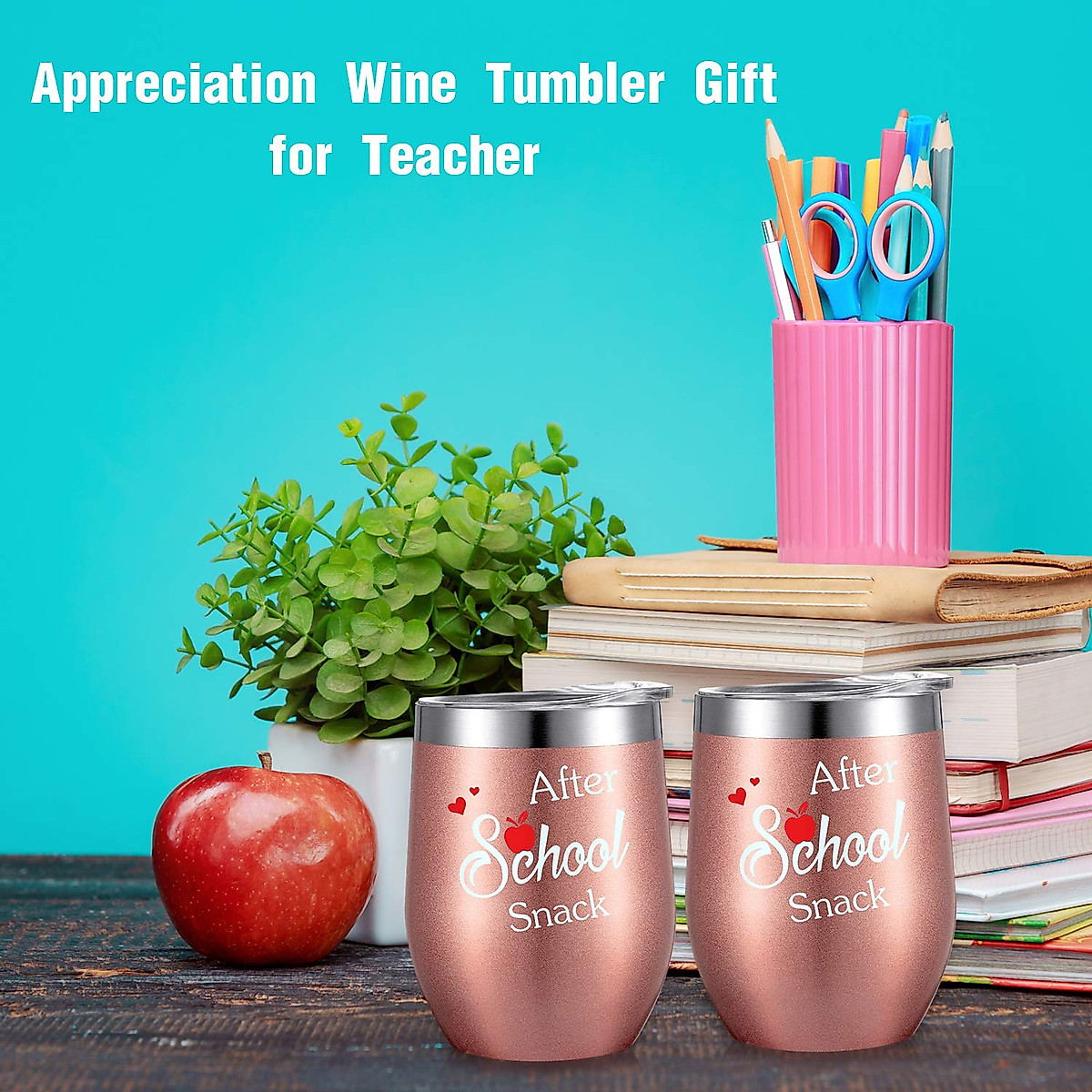 2 Pack After School Snack Funny Teacher Appreciation Gifts - Steel Wine Tumblers with Gift Box, Straw and Brushes for Teacher, Teachers' Day Birthday - 12 oz Teacher Thank You Gift Mug (Rose gold)