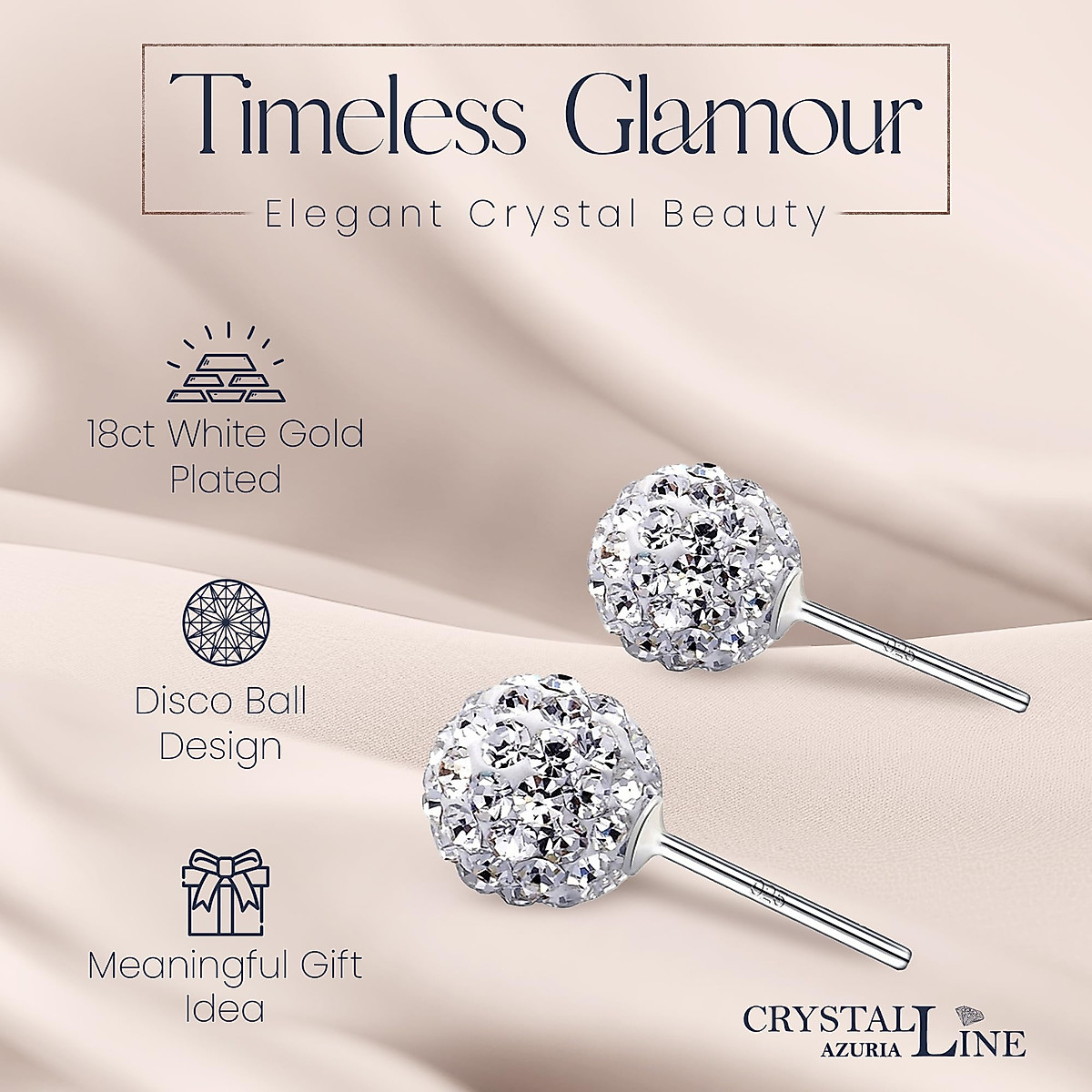 Crystal Line Azuria 925 Sterling Silver Earrings White Crystals Round Disco Ball Stud Earrings 8 mm for Women