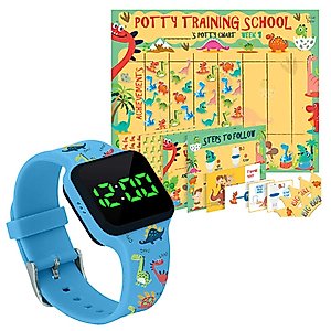ATHENA FUTURES Potty Training Timer Watch with Flashing Lights and Music Tones and Potty Training Chart for Toddlers - Dinosaur and Kids Design