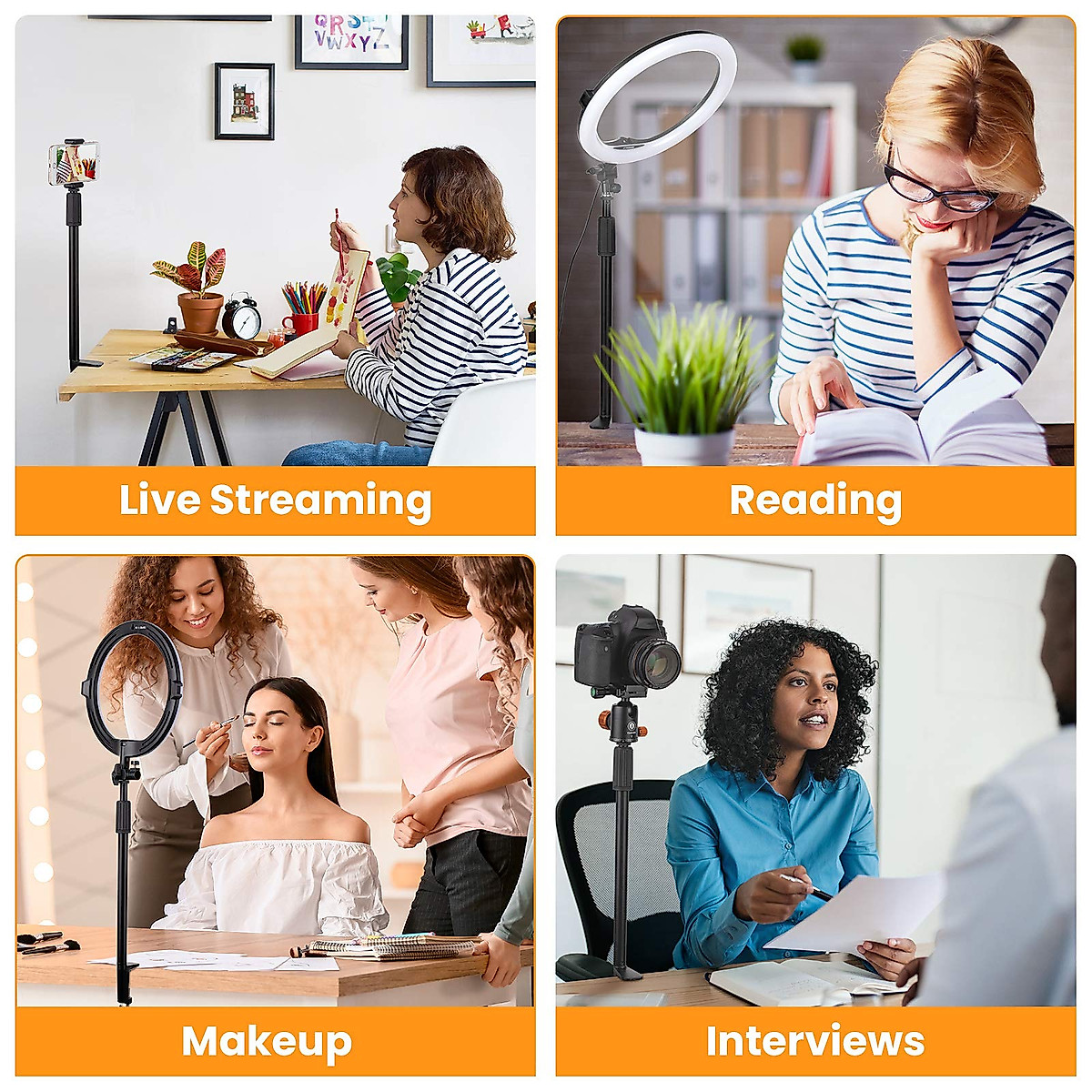 TARION Desktop Light Stand with 1/4" 3/8" Screws for Ring Light Tabletop Mount L Shape Clip Stand Adjustable 14-25in/35-64cm for Live Streaming Photograpghy Videograpghy Film Shooting Virtual Meetings