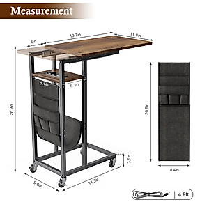 Colima C Shaped Slide Cover End Table with Charging Station, Narrow Sofa Side Table with USB Port and Wheels, Couch Table with Wheels, Storage Bag for Living Room Bedroom