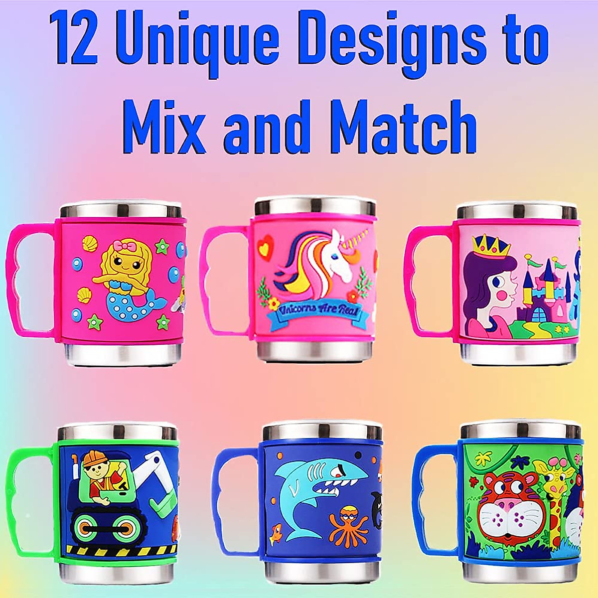 F-32 12 Oz Kids Stainless Steel Unicorn Pink 3D Mug with 2 Pack Slider Closure Lids - Eco-Friendly - BPA Free Signature Collection (Unicorn Pink)