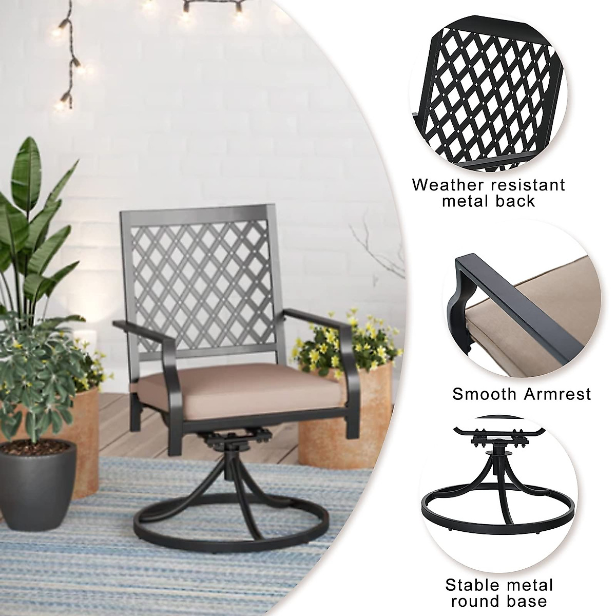 PHI VILLA Outdoor Patio Wood-Like 37" Square Dining Table and Arm Swivel Chairs Furniture Set of 5