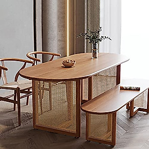 47.2inches Modern Pine Solid Wood Dining Table - Farmhouse Oval Dinette Table with Rattan Double Pedestal - Mid-Century Kitchen and Dining Room Furniture