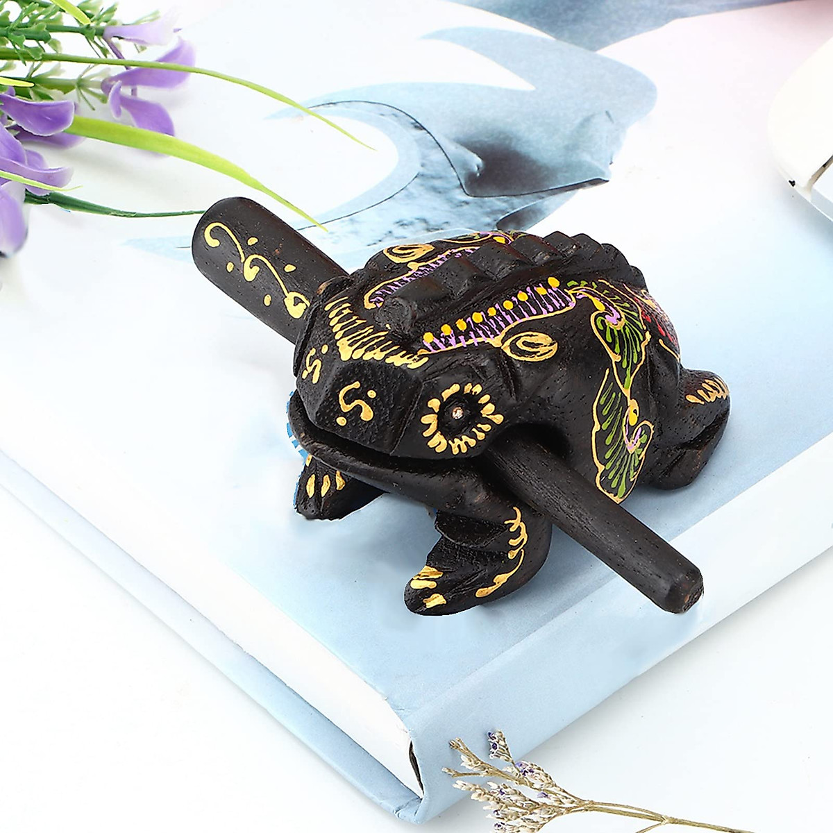 Animal Carved Croaking Craft Wooden Frog Percussion Musical Instrument, Wooden Percussion Desk Accessories of Frog Noise Maker for Cool Music Gifts Elderly and Kids, Black