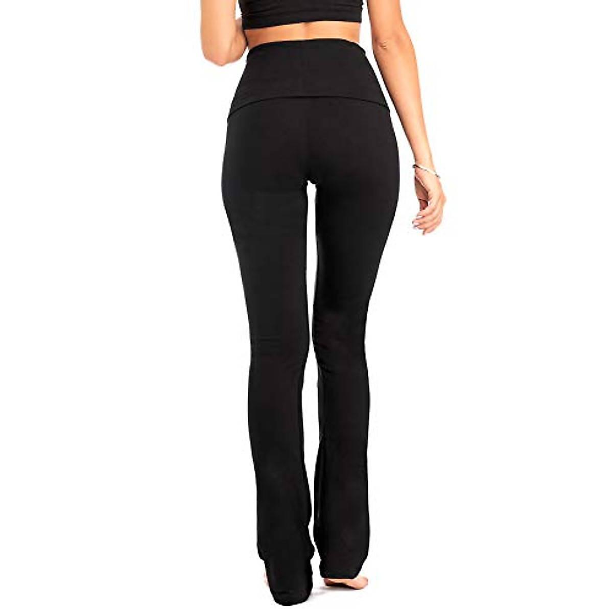 DEAR SPARKLE Bootcut Fold Over Leggings for Women | Slim Look Bootleg Yoga Pants w Pocket + Plus Size (C5 F) (Black, Medium)