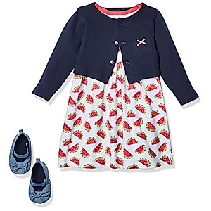 Hudson Baby Baby Girl Cotton Dress, Cardigan and Shoe Set, Watermelon, 9-12 Months