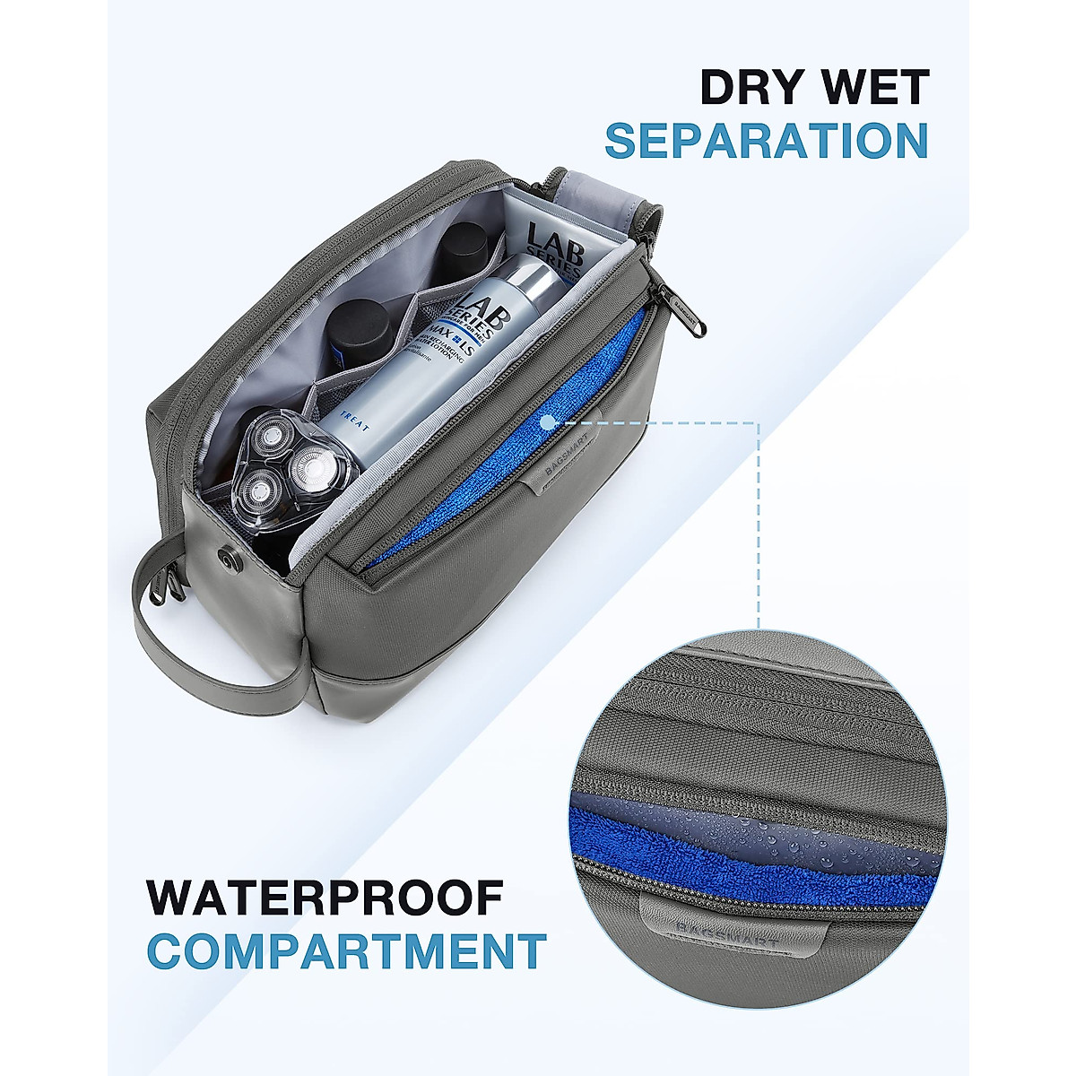 BAGSMART Toiletry Bag for Men, Large Travel Toiletry Organizer, Dopp Kit Water-resistant Shaving Bag for Toiletries Accessories - Grey