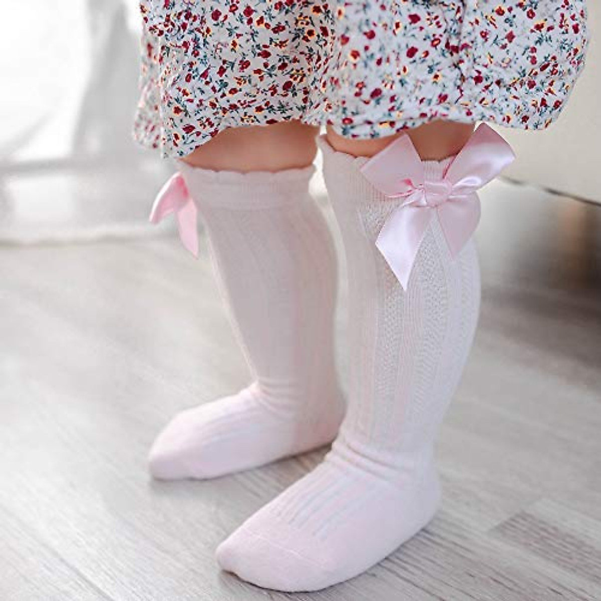 Sarfel Toddler Girl Knee High Socks Baby Non-Slip Socks Infant Long Tube Ruffled Stockings Gifts 5 Pairs Bow 12-36 Months