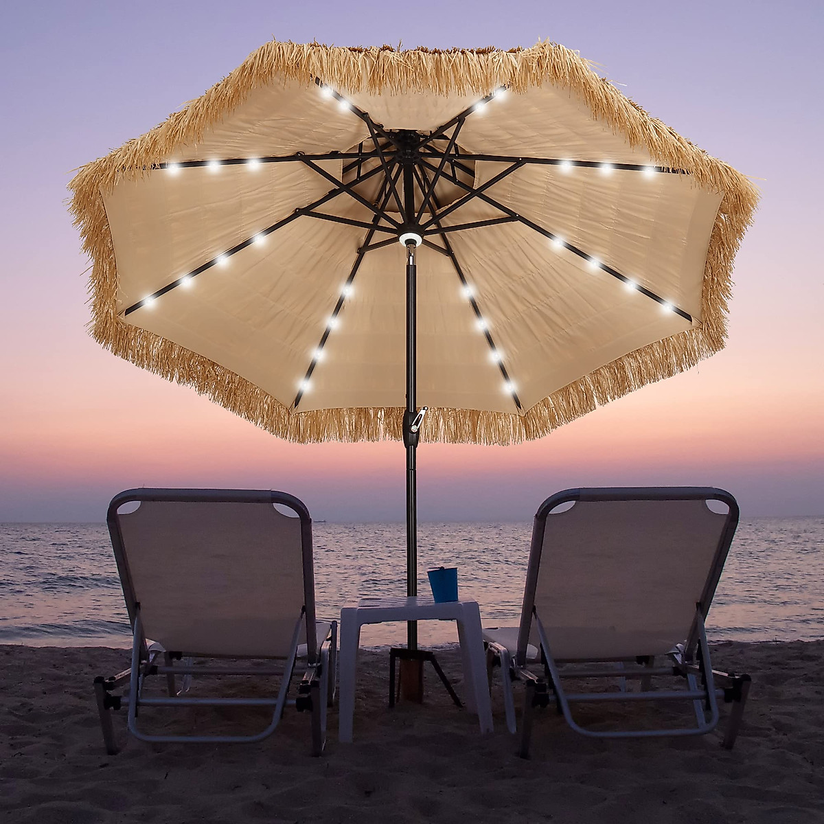 HYD-Parts 10FT Double Top Thatched Patio Umbrella Outdoor Hawaiian Style Beach Tiki Umbrella with Solar LED light & Crank for Patio, Pool, and Beach