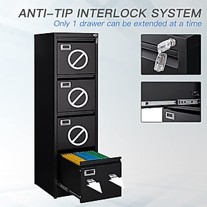 Yizosh 4 Drawer Black File Cabinet with Lock, Filing Cabinets for Home Office, Metal Locking Office File Storage Cabinets with Drawers, Vertical Small Filing Cabinet Organizer for Legal/A4