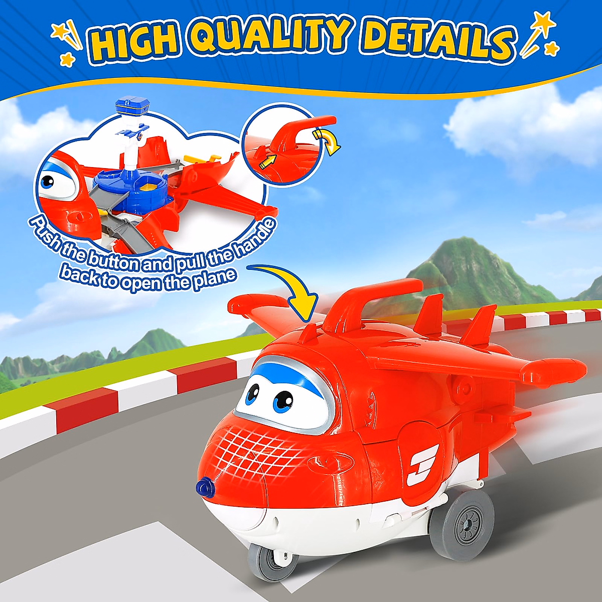 Super Wings Jett's Takeoff Tower 2-in-1 Airplane Toys Playset with 2" Jett Mini Figure Transform-a-Robots, Toys for Preschool Kids, Gifts for Boys and Girls Age 3+, Educational Learning Toys