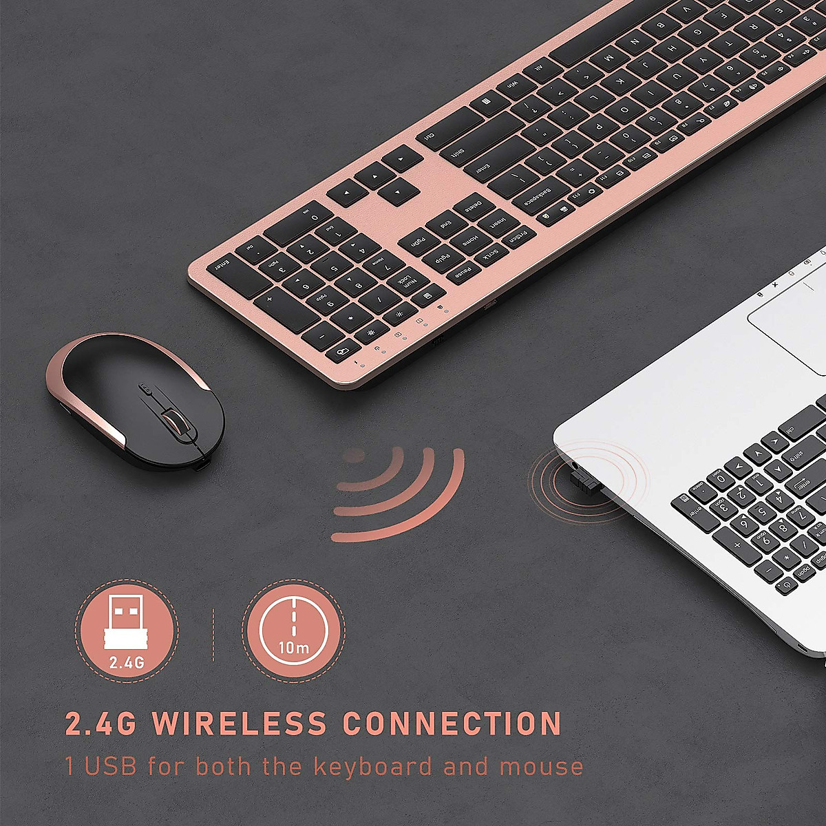 seenda Rechargeable Wireless Keyboard Mouse Combo Full Size Cordless Keyboard & Mouse Sets with Build-in Lithium Battery Ultra Thin Quiet Keyboard Mice (Rose Gold & Black)
