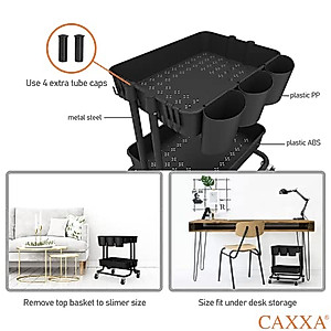 CAXXA 3-Tier Rolling Storage Organizer with 3 Small Baskets - Mobile Utility Cart with Caster Wheels (Black)
