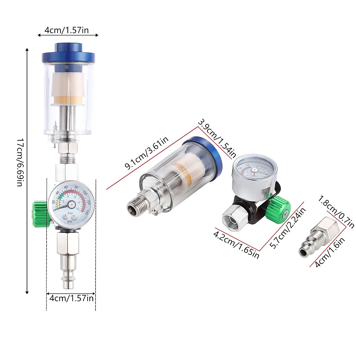 ENDOZER Oil Water Separator, Air Filter with Pressure Gauge, Pressure Regulator for Air Spray Gun, 1/4" Inlet and Outlet