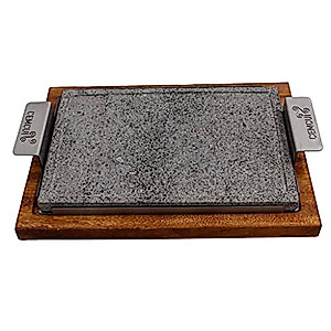 Comal Grill and Serve - 20 x 30 cm Volcanic Stone with Steel Handle Includes Wooden Base