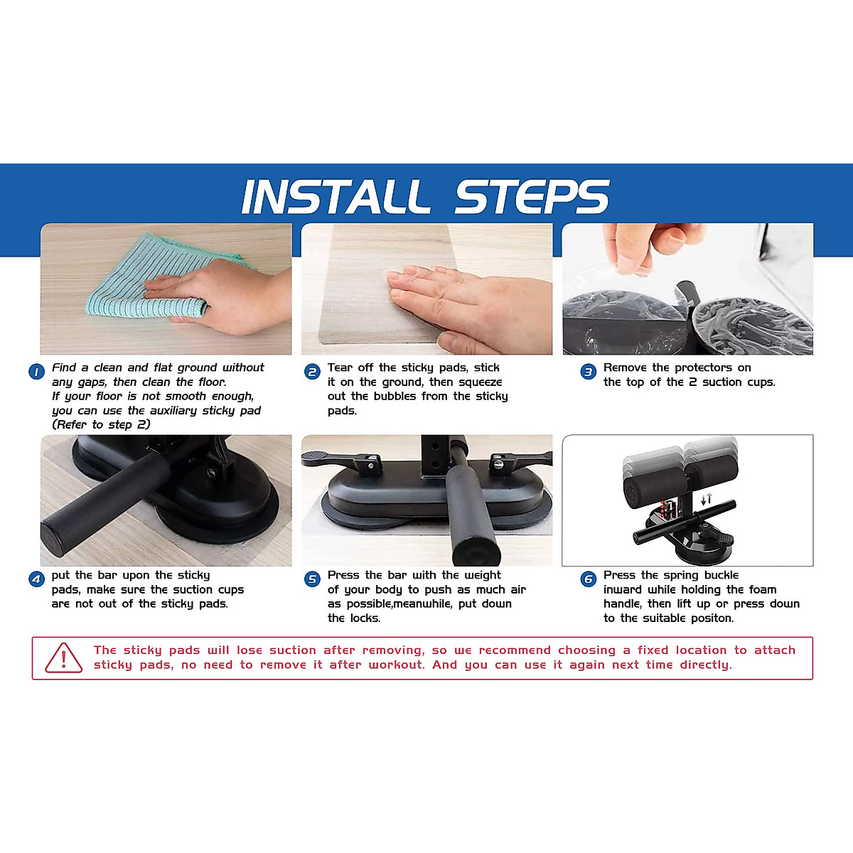 Sit Up Assistant Device Bar for Floor, Portable Sit Up Exercise Equipment with 2 Strong Suction Cups and Adjustable Foot Holder, Abs Master for Home Workout, Black