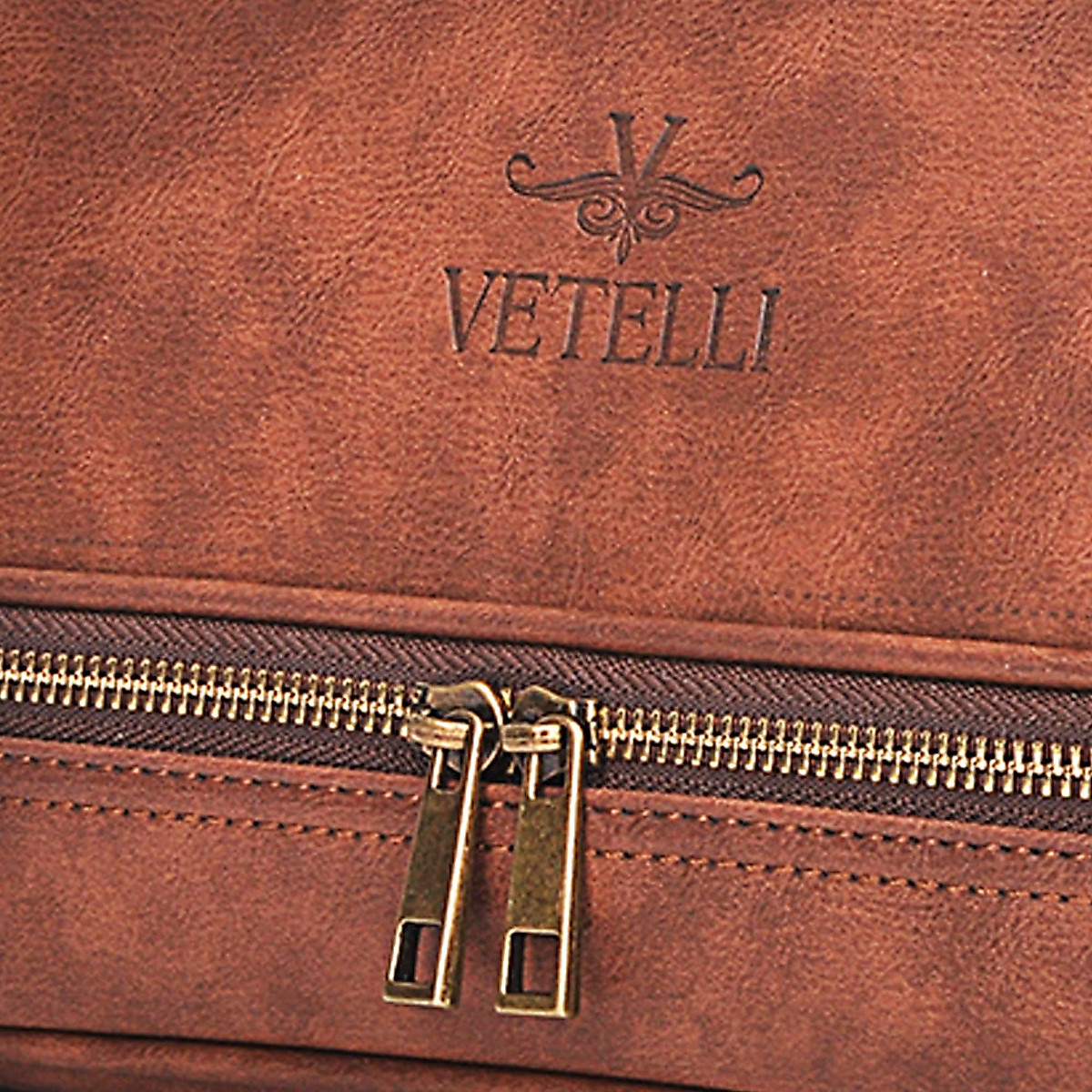 Vetell Classic Leather Men's Travel Toiletry Bag and Dopp Kit with Upper and Lower Zippered Compartments, 2 Mesh Bottle Pouches and Carrying Handle