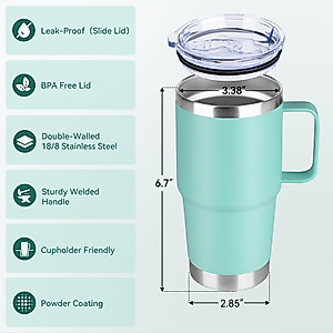 HASLE OUTFITTERS 20oz Tumbler with Lid, Stainless Steel Tumbler with Handle, Metal Insulated Travel Coffee Mug with Handle, Double Wall Vacuum Spill Proof Tumbler Cup, Mint Green 1 Pack