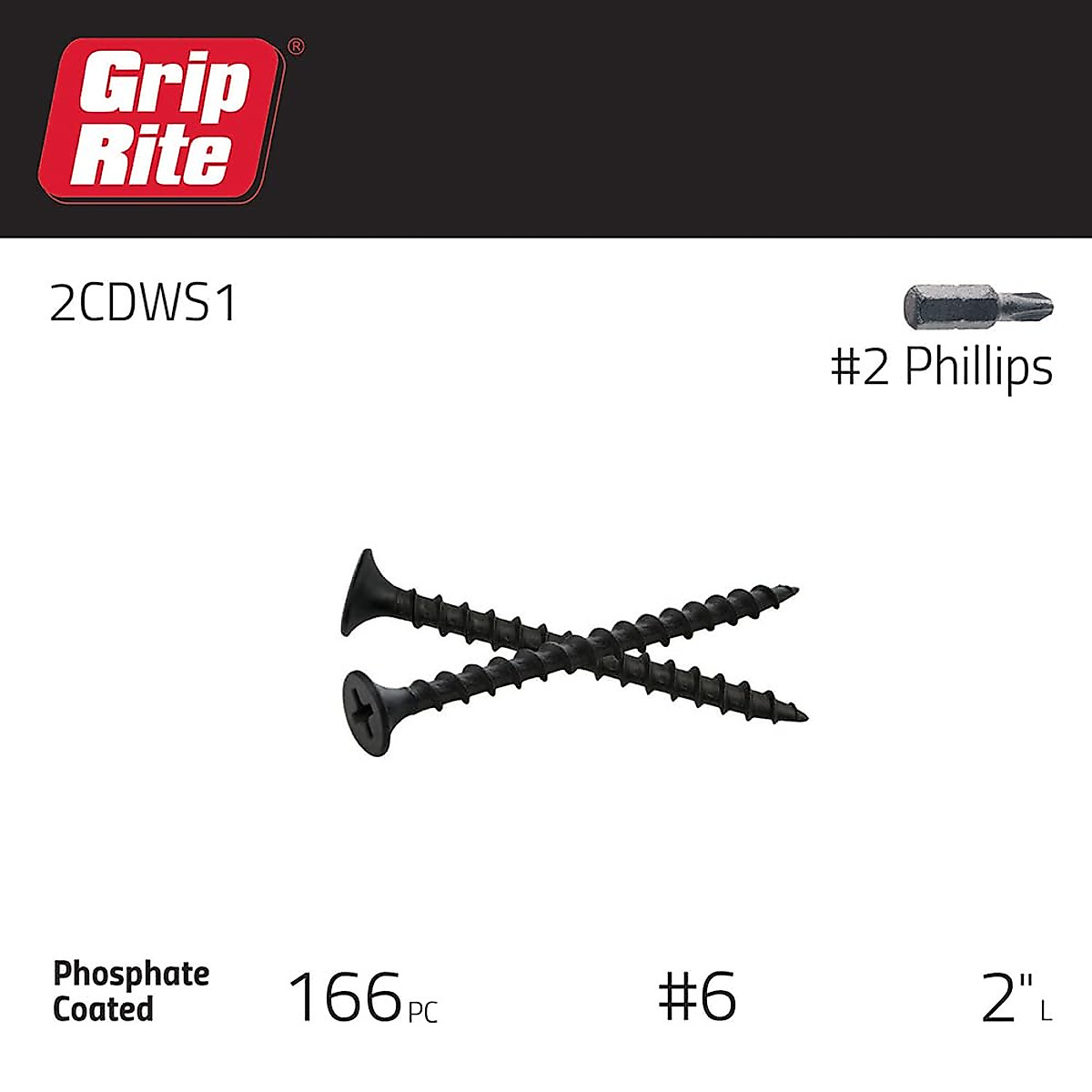 Grip-Rite 2CDWS1#6 X 2 Phillips Bugle Head Coarse Thread Sharp Point Drywall Screw, 1lb Box