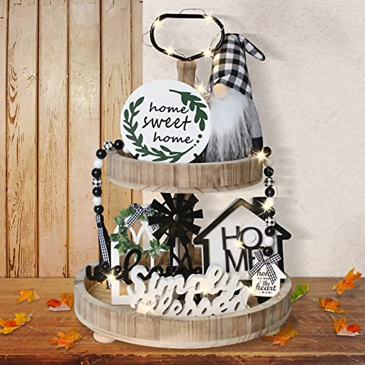 10 Pieces Farmhouse Tiered Tray Decor, Kitchen Decor Black White Plaid Gnome Wooden Mini Sign Table Decoration with String Lights for Farmhouse Rustic Home Kitchen Table Decor Tier Tray Ornaments Set
