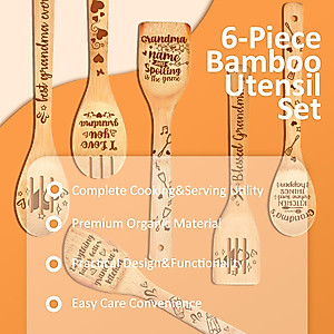 Gifts for Grandma Mothers Day, Grandma Ceramic Utensil Holder with Wooden Spoons Gifts Set, Thoughtful Gifts for Grandma from Grandkids Cooking Tools Kitchen Utensils Set with Wooden Spatulas for 6