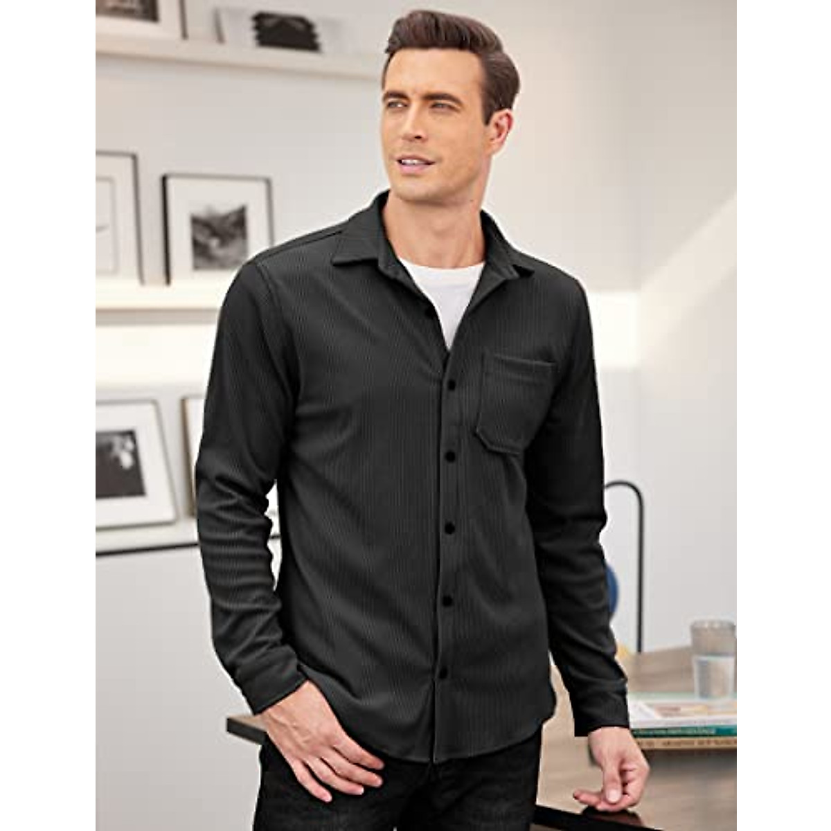 COOFANDY Men's Corduroy Casual Shirts Long Sleeve Button Down Outdoor Light Jackets Black