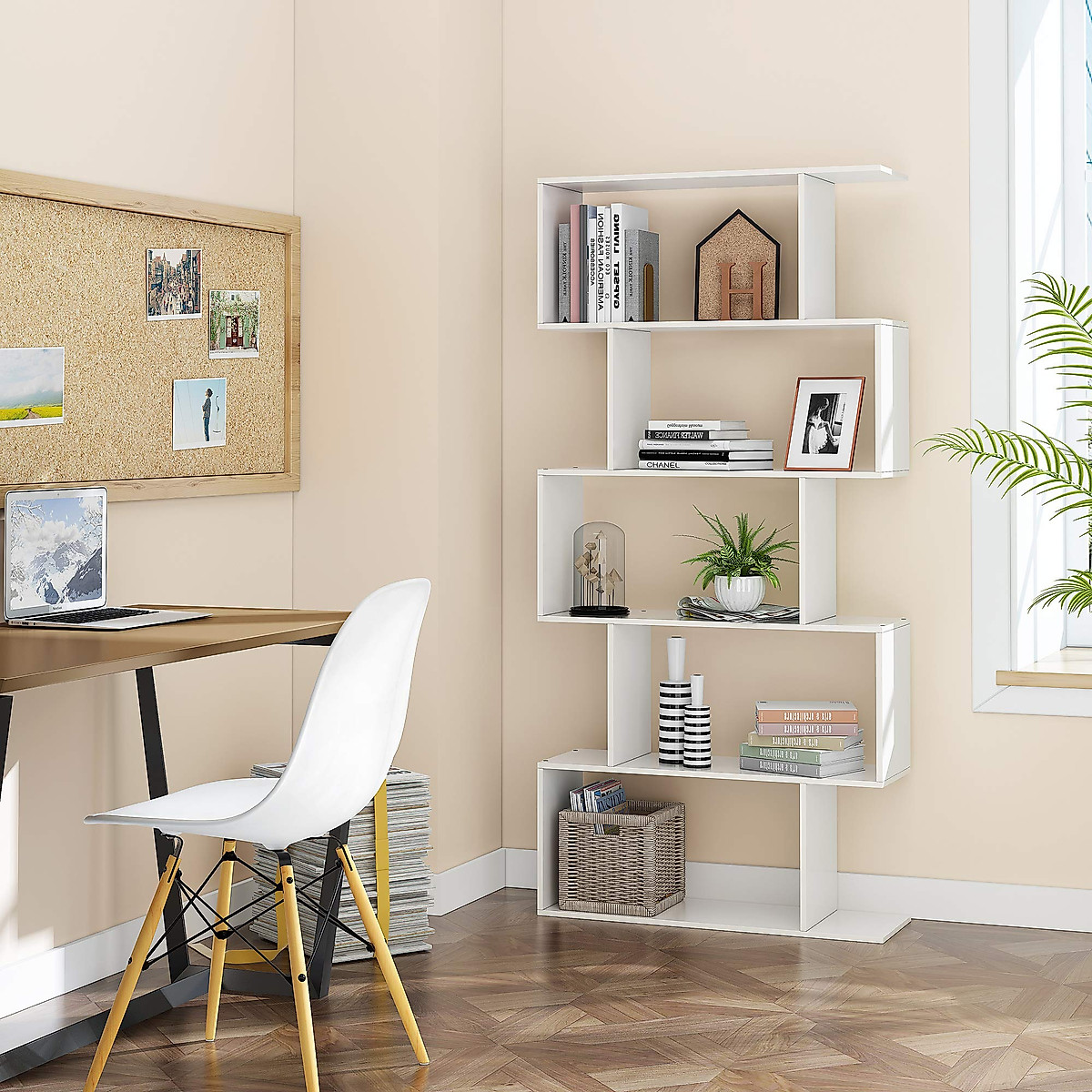 Function Home 5-Tier Geometric Bookcase, Freestanding S Shaped Bookshelf, Modern Multifunctional Display Shelves, White Book Shelf for Bedroom Living Room